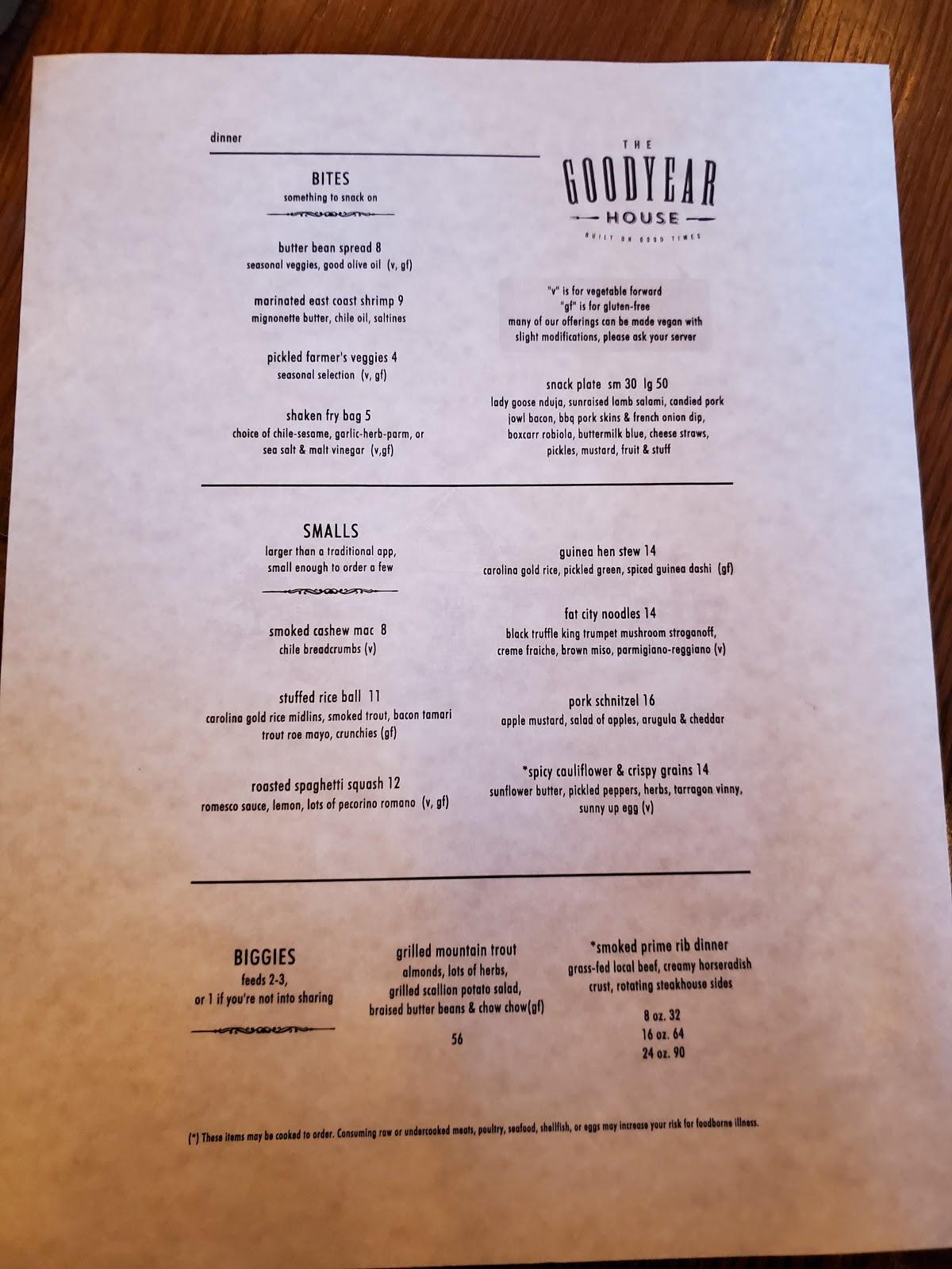 Menu at The Goodyear House pub & bar, Charlotte