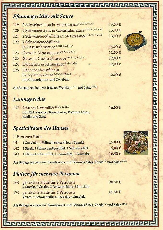 Menu at Artemis restaurant, Thale