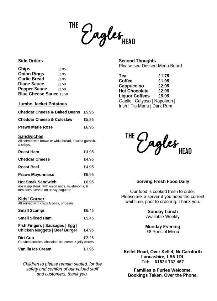 Menu at Eagles Head pub & bar, Over Kellet