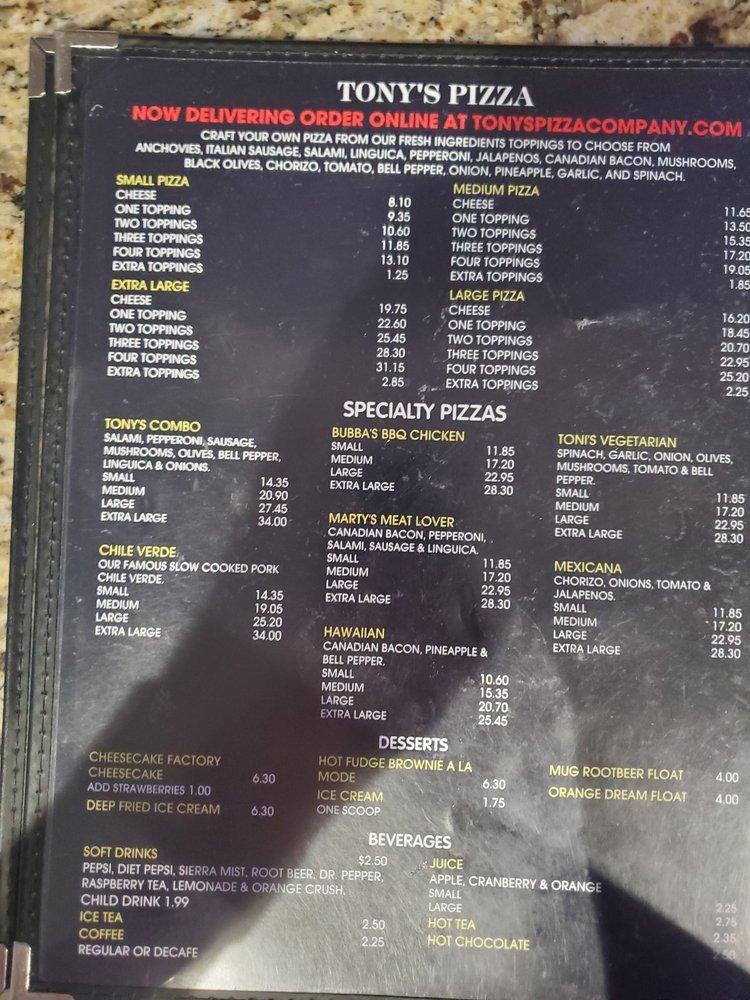 Menu at Tony's Firehouse Grill and Pizza pizzeria, Delano, 502 County ...