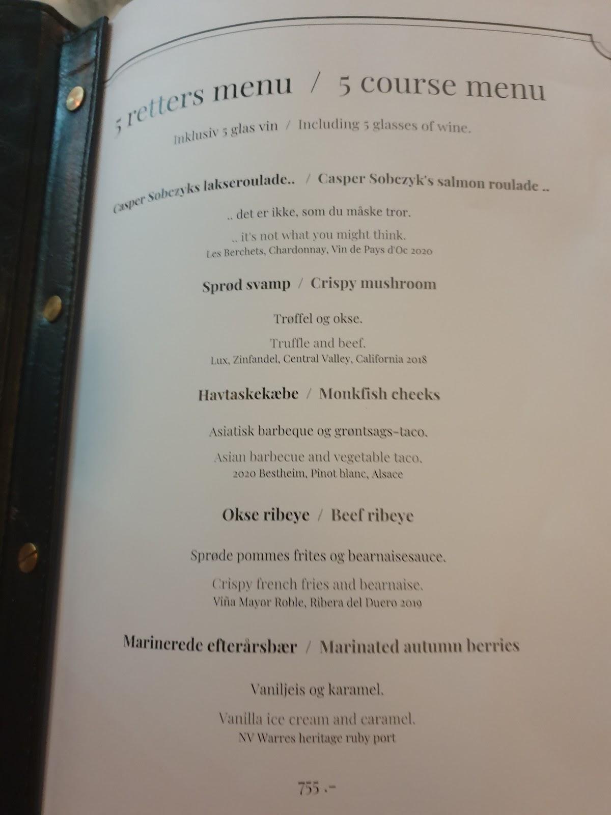 Menu at Capa Lounge restaurant, Copenhagen