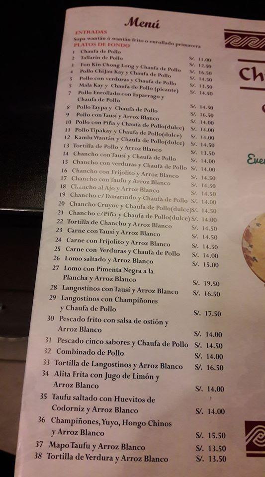 Menu at Chifa Chinita restaurant, San Isidro