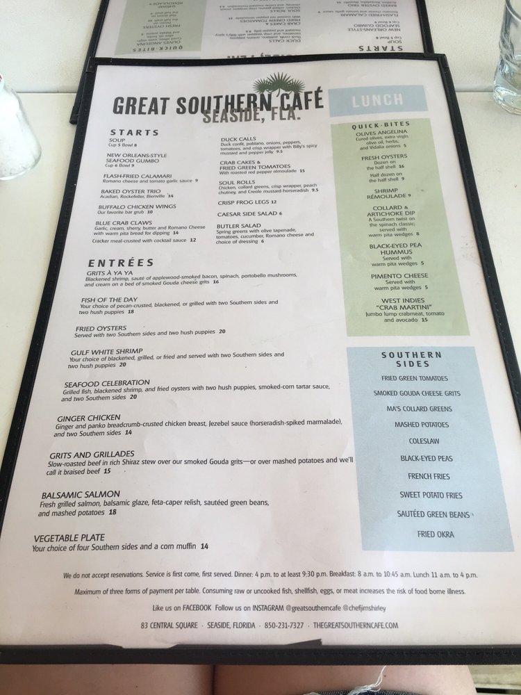Menu at Great Southern Cafe, Seaside