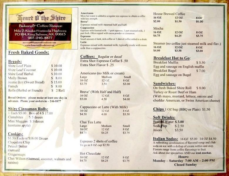 Menu at Heart Of the Shire cafe, King Salmon