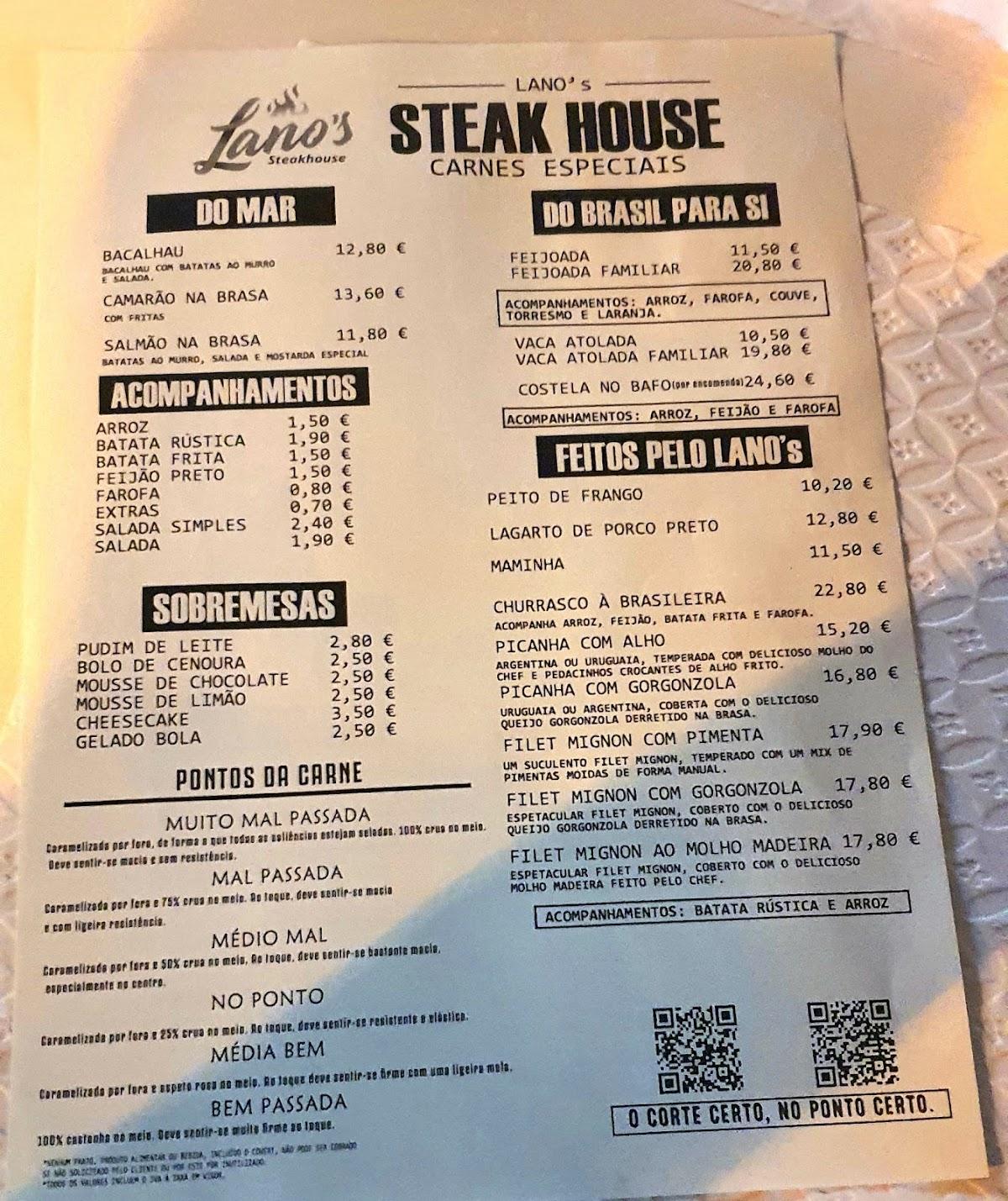 Menu em Lano's Steakhouse, Setúbal
