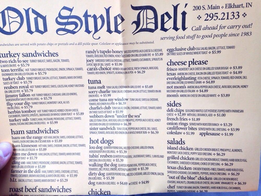 Menu at Old Style Deli restaurant, Elkhart