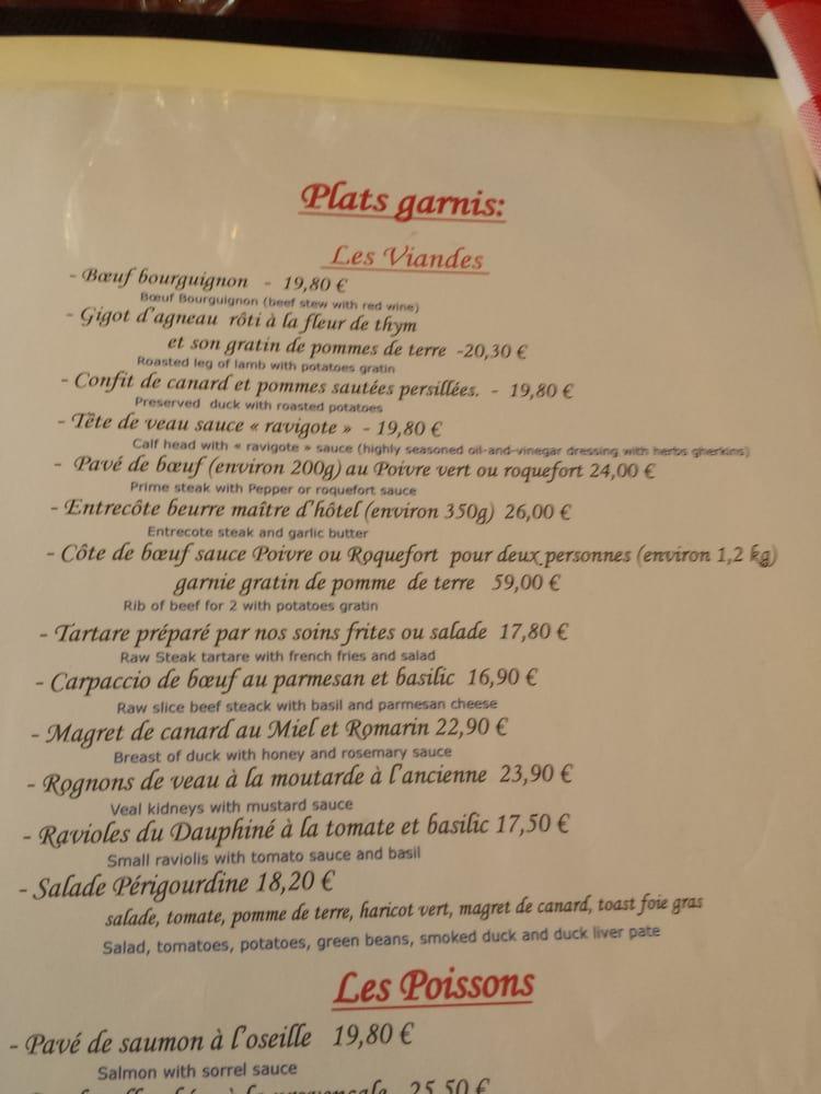 Menu at Perraudin restaurant, Paris