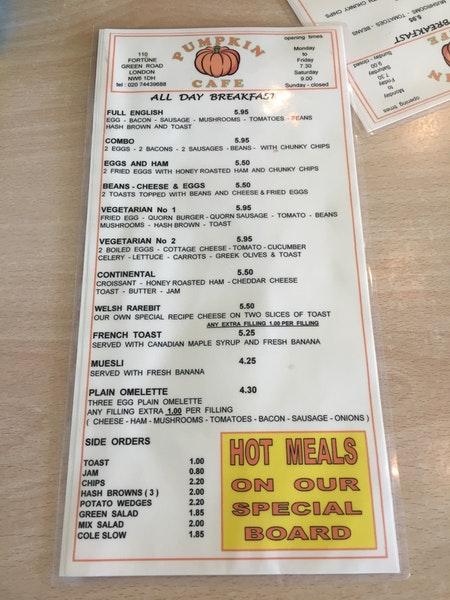 Menu at Pumpkin Cafe, London, Pumpkin Cafe