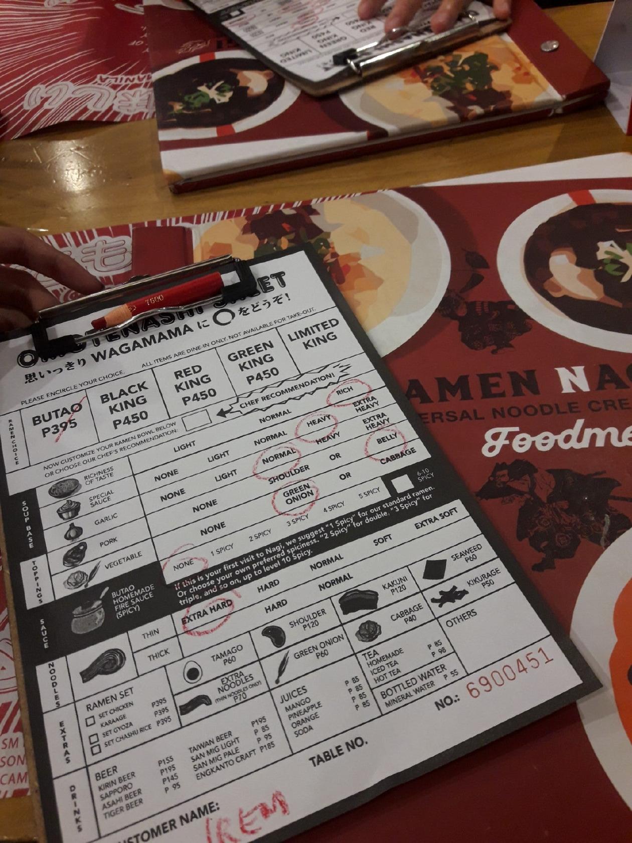 Menu at Ramen Nagi restaurant, Quezon City, Ortigas Ave