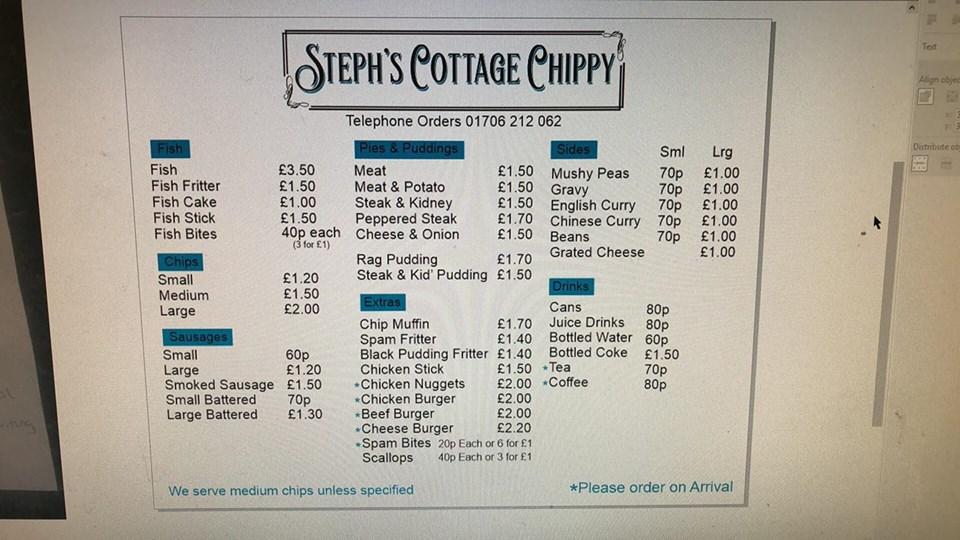Menu at Steph's Cottage Chippy restaurant, Rawtenstall