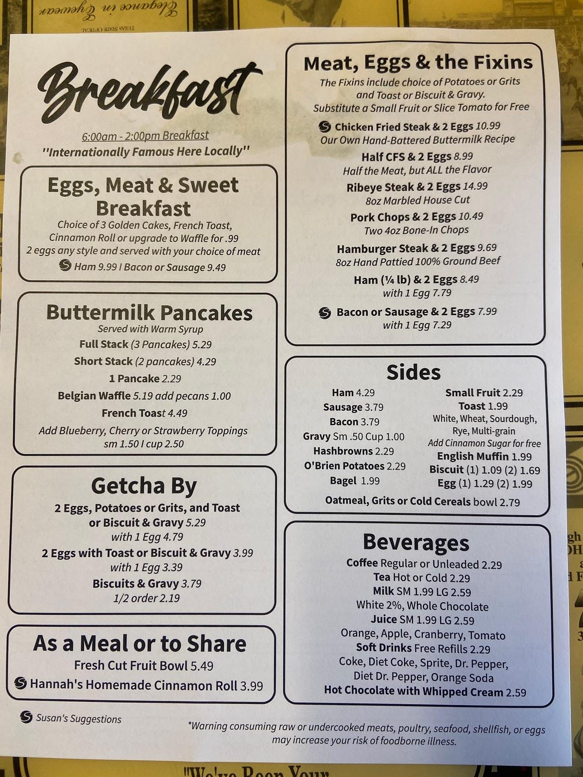 Menu at Susan's Restaurant, Springdale