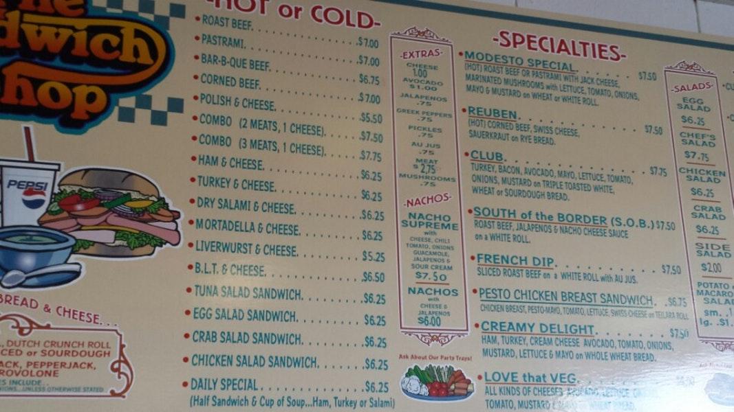 Menu at The Sandwich Shop restaurant, Modesto