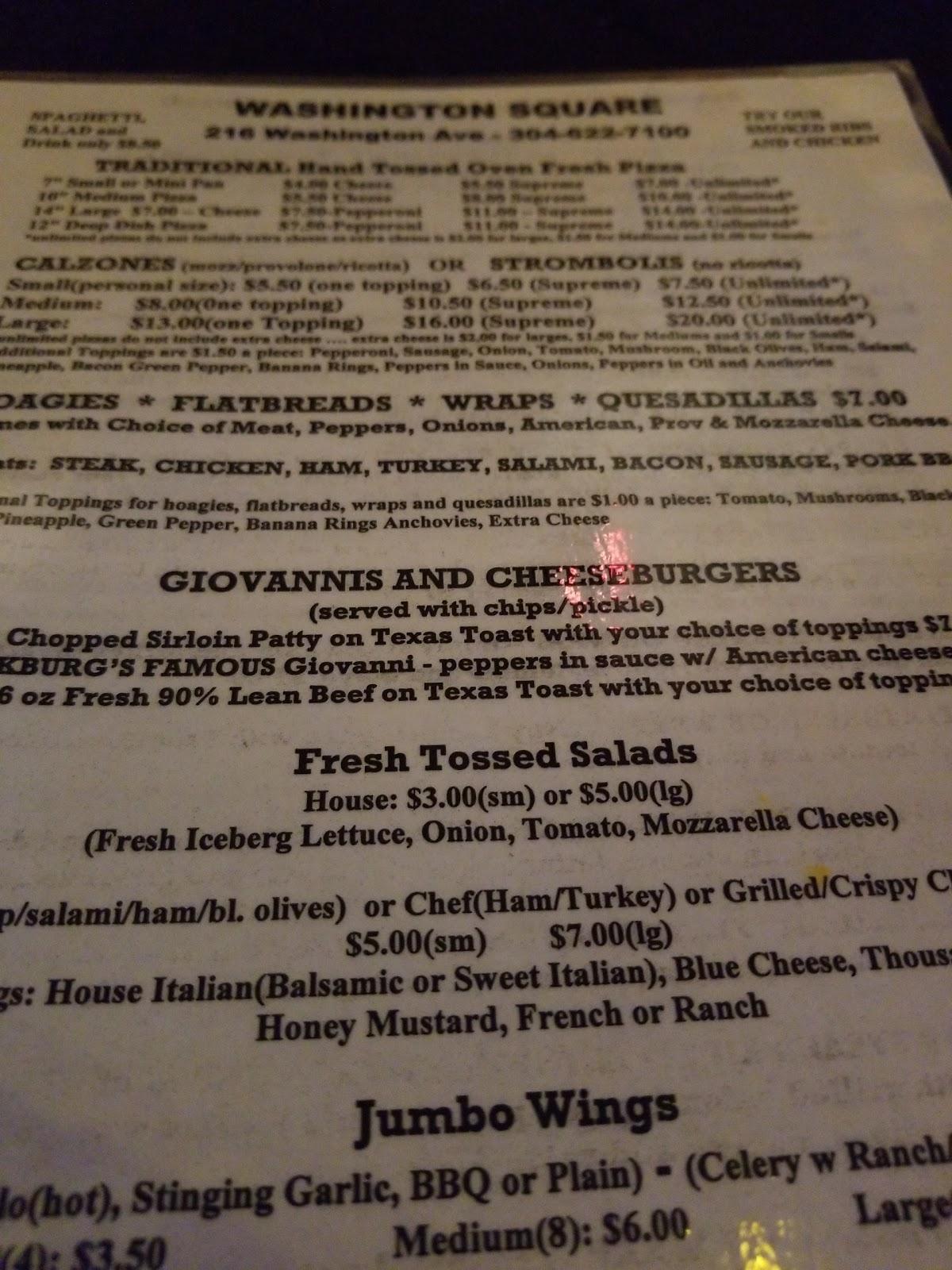 Menu at Washington Square Pizzeria and Lounge, Clarksburg