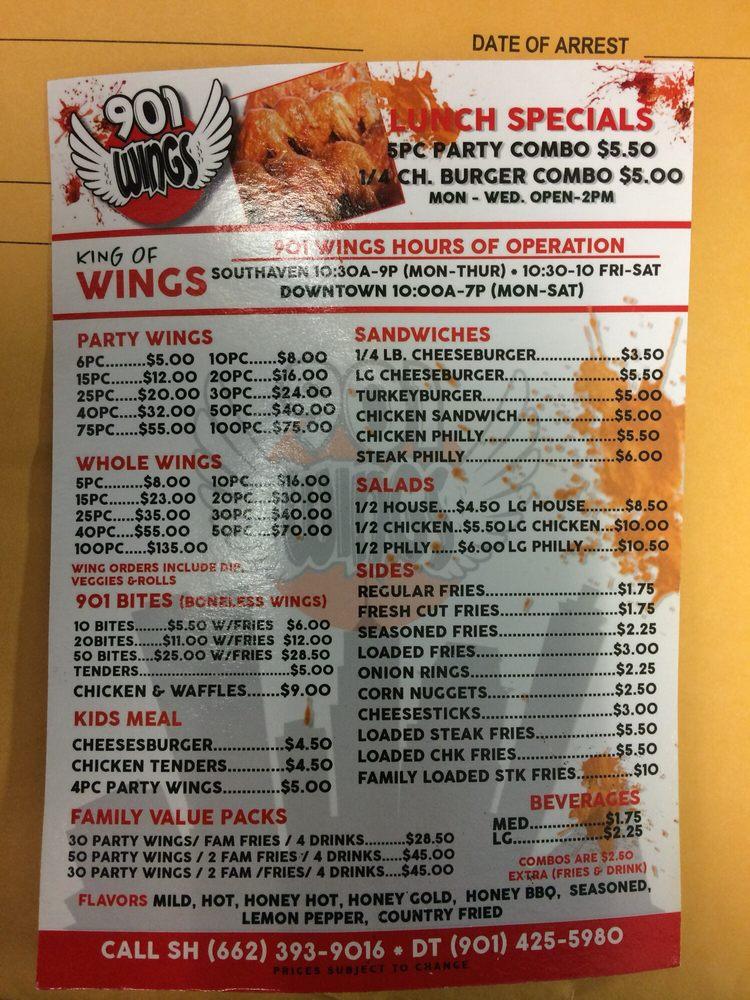 Menu at 901 Wings restaurant, Memphis, 97 N Main St