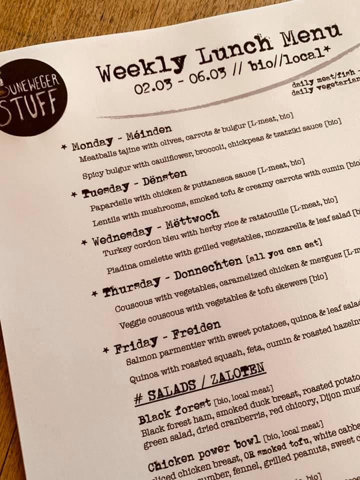 Menu at Bouneweger Stuff cafe, Luxembourg City