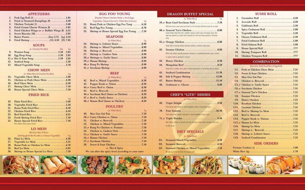 Menu at Dragon Buffet restaurant, Martin