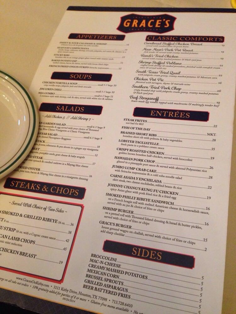 Menu at Grace's restaurant, Houston