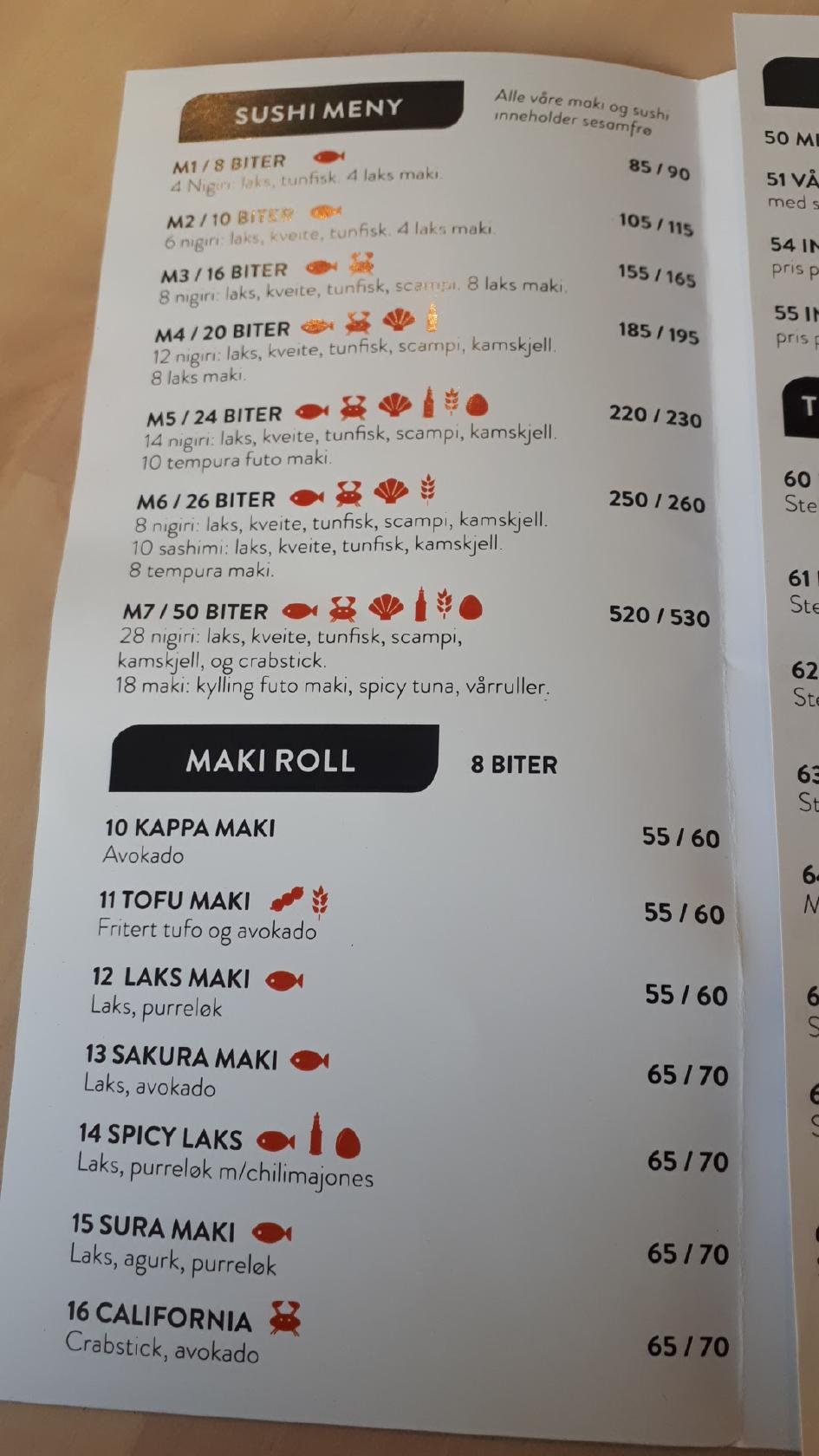 Menu at Kikko Sushi restaurant, Hønefoss