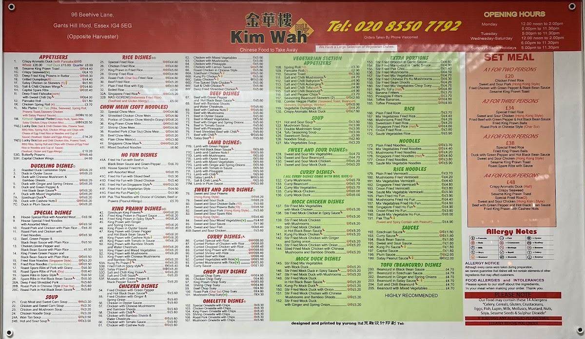 Menu at Kim Wah fast food, Ilford