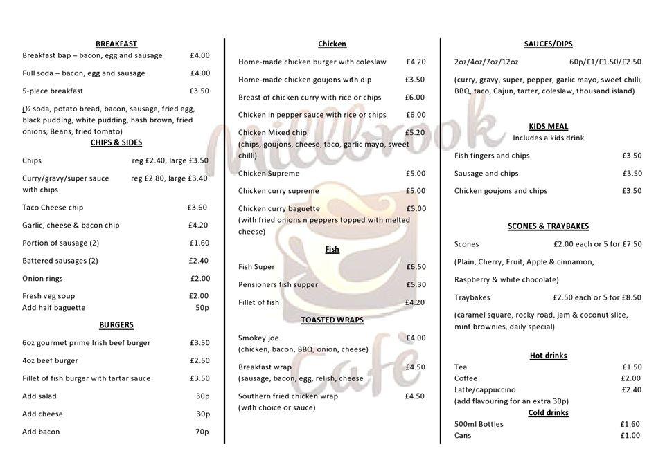 Menu at Millbrook Cafe, Bessbrook, Bessbrook