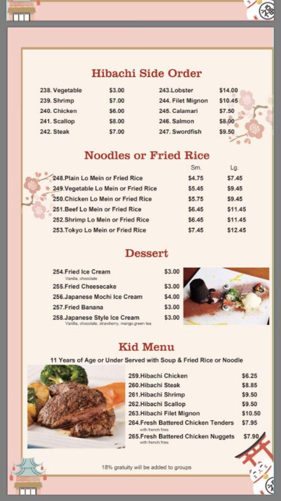 Menu at New Tokyo restaurant, Henderson
