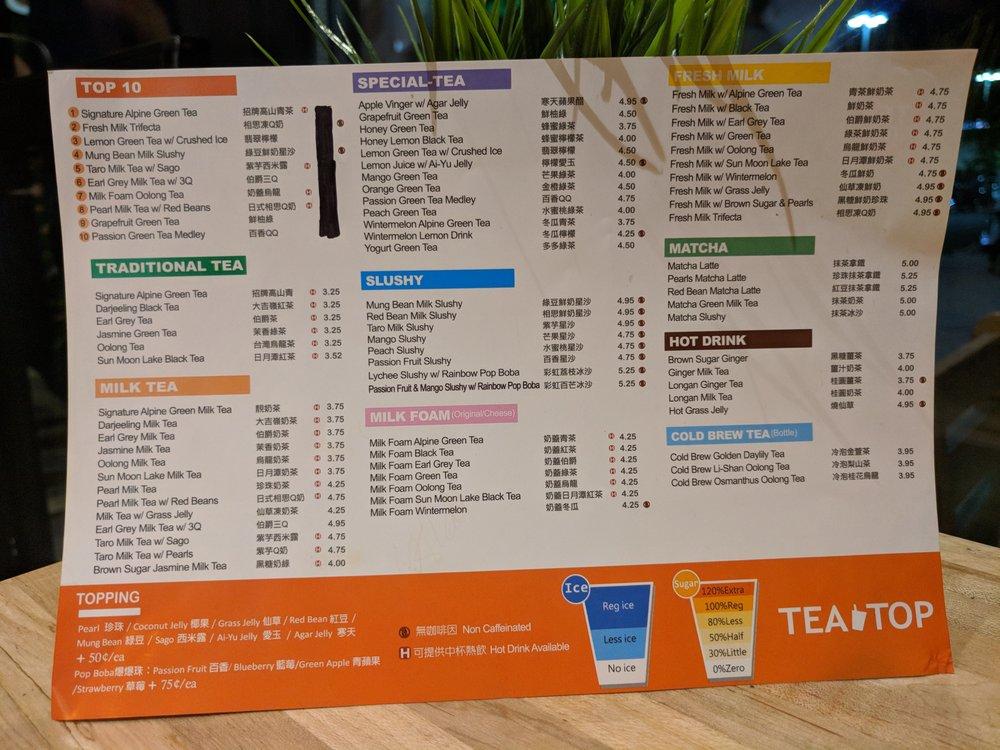 Menu at Tea Top restaurant, Doraville