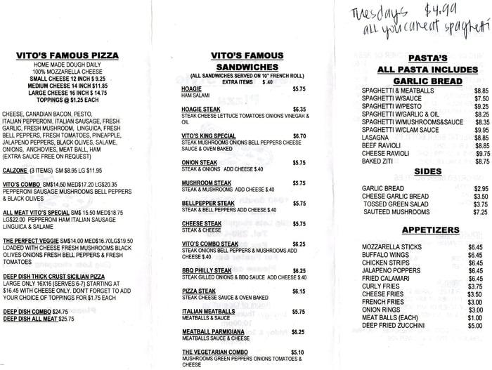 Menu at Vito's Famous Pizza pizzeria, San Jose