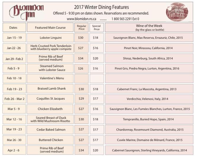 Menu at Blomidon Inn restaurant, Wolfville