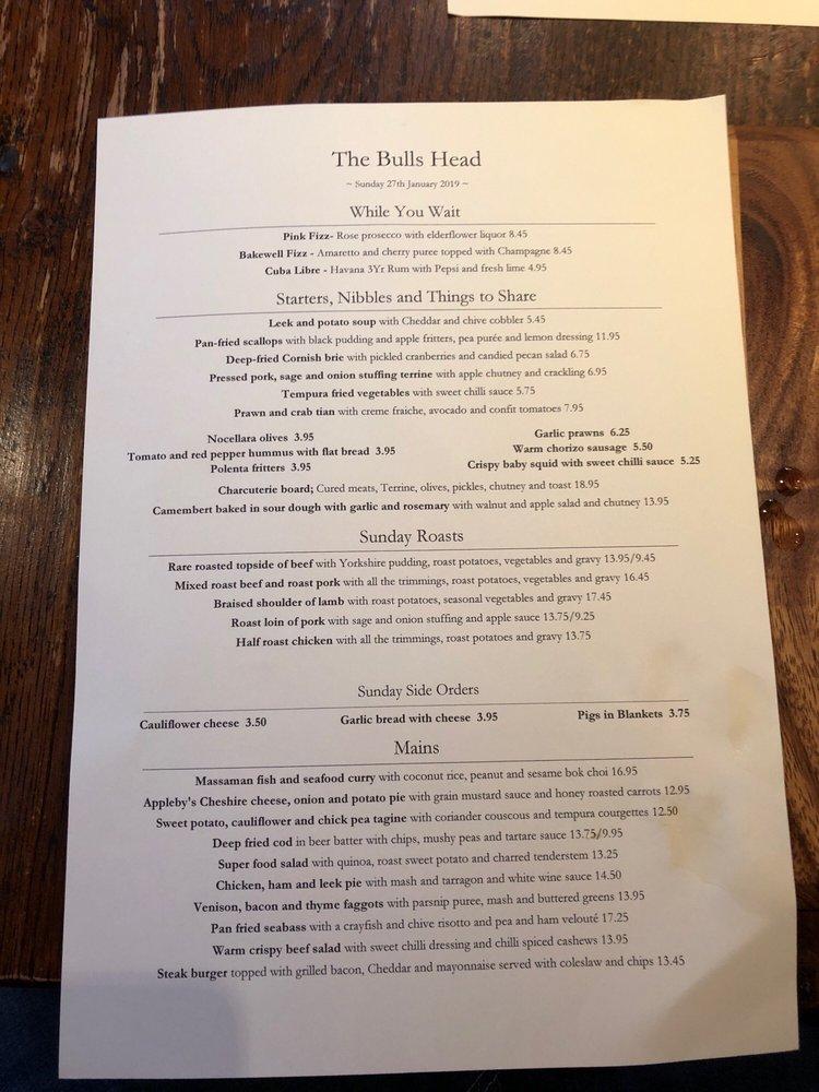 Menu at Bulls Head pub & bar, Wilmslow, 30 Wilmslow Rd