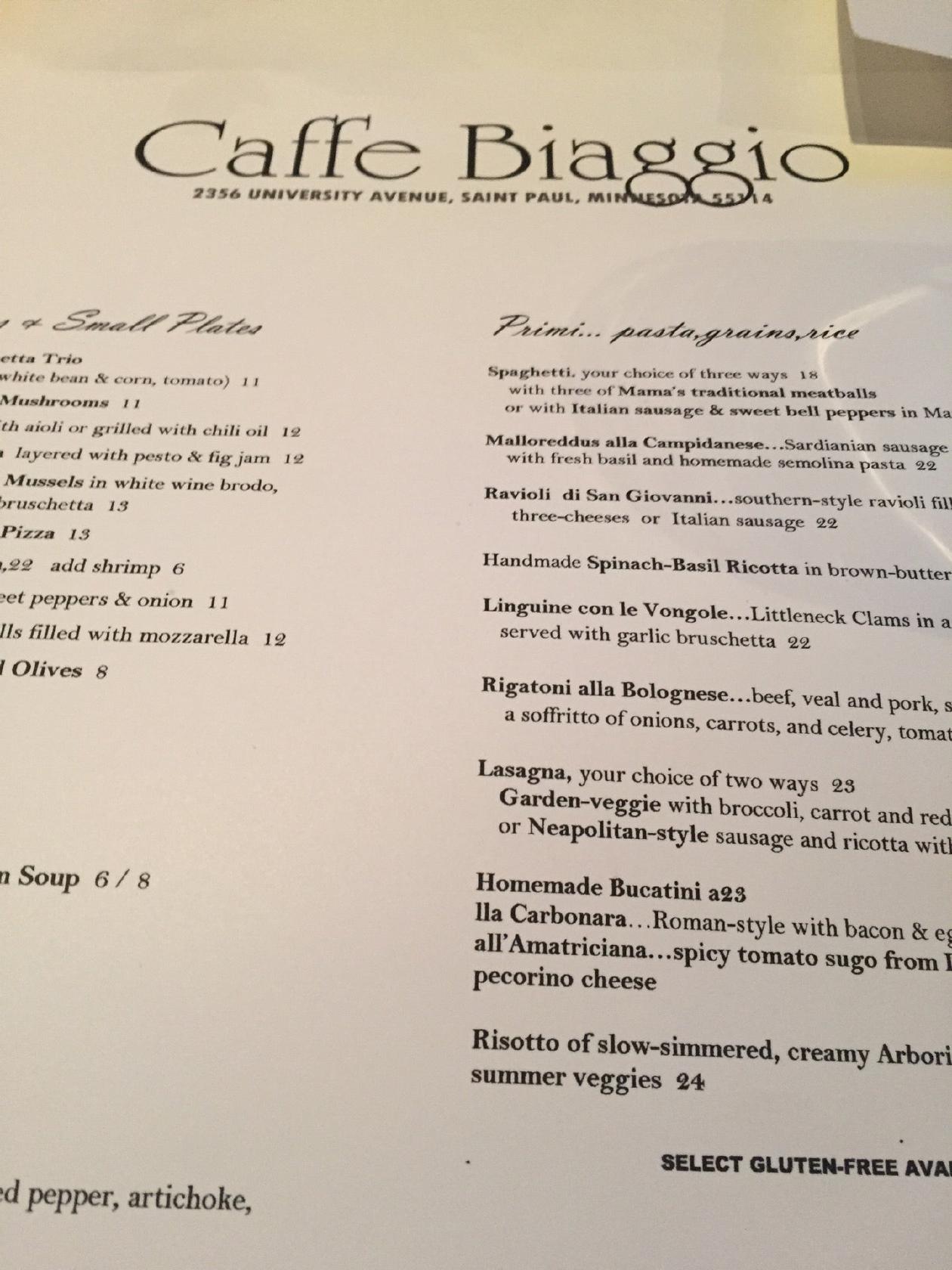 Menu at Caffe Biaggio restaurant, Saint Paul