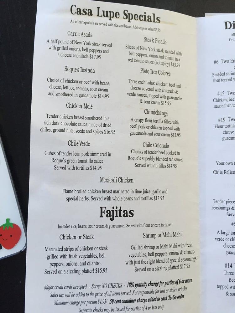 Menu at Casa Lupe restaurant, Sunnyvale