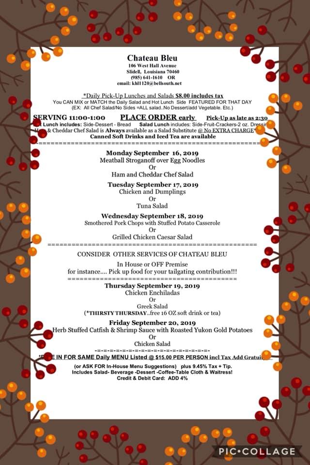Menu at Chateau Bleu Caterers restaurant, Slidell