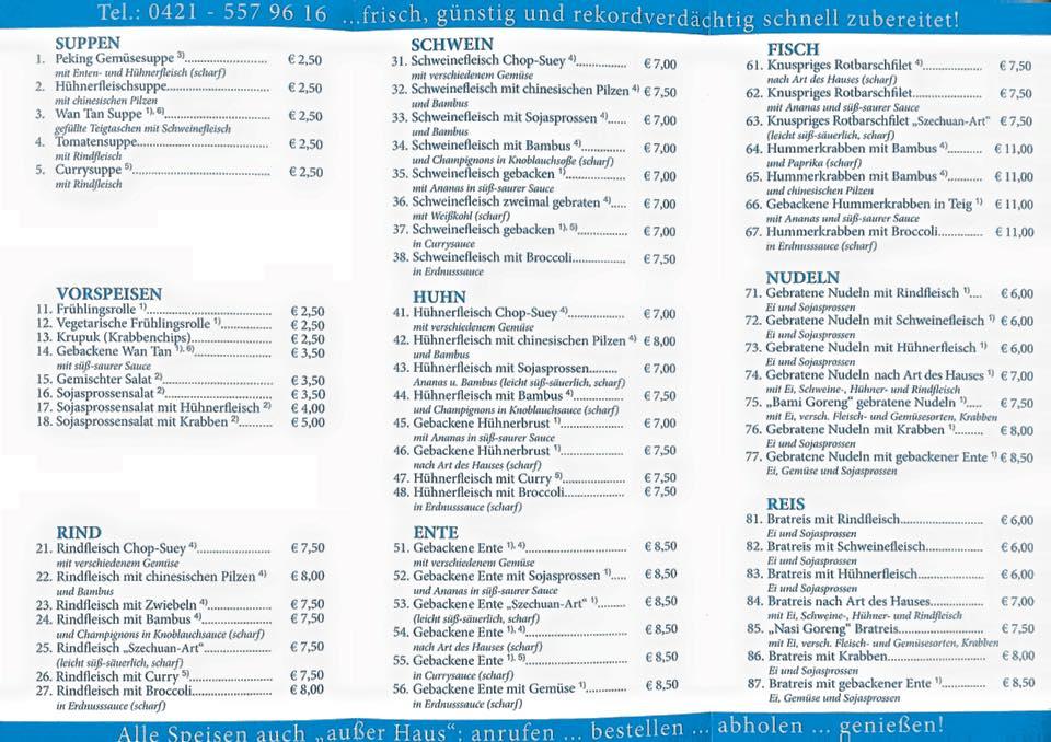 Speisekarte von China Ecke restaurant, Bremen, Kornstraße 134