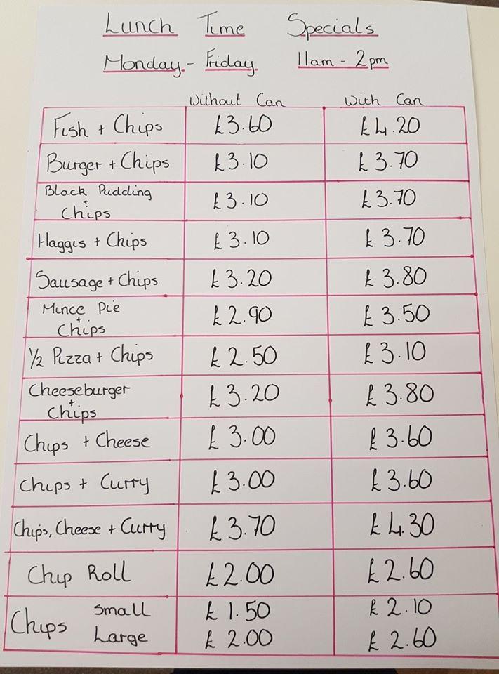 Menu at Ferri's Cafe, Kilmarnock