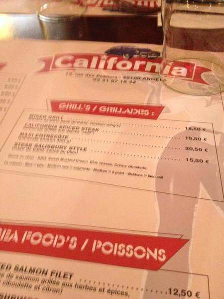 Menu at Le California restaurant, Angers