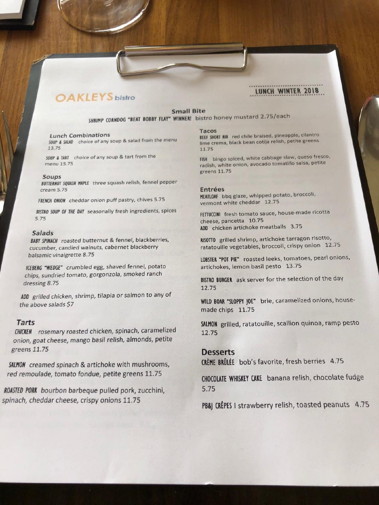 Menu at Oakleys Bistro pub & bar, Indianapolis