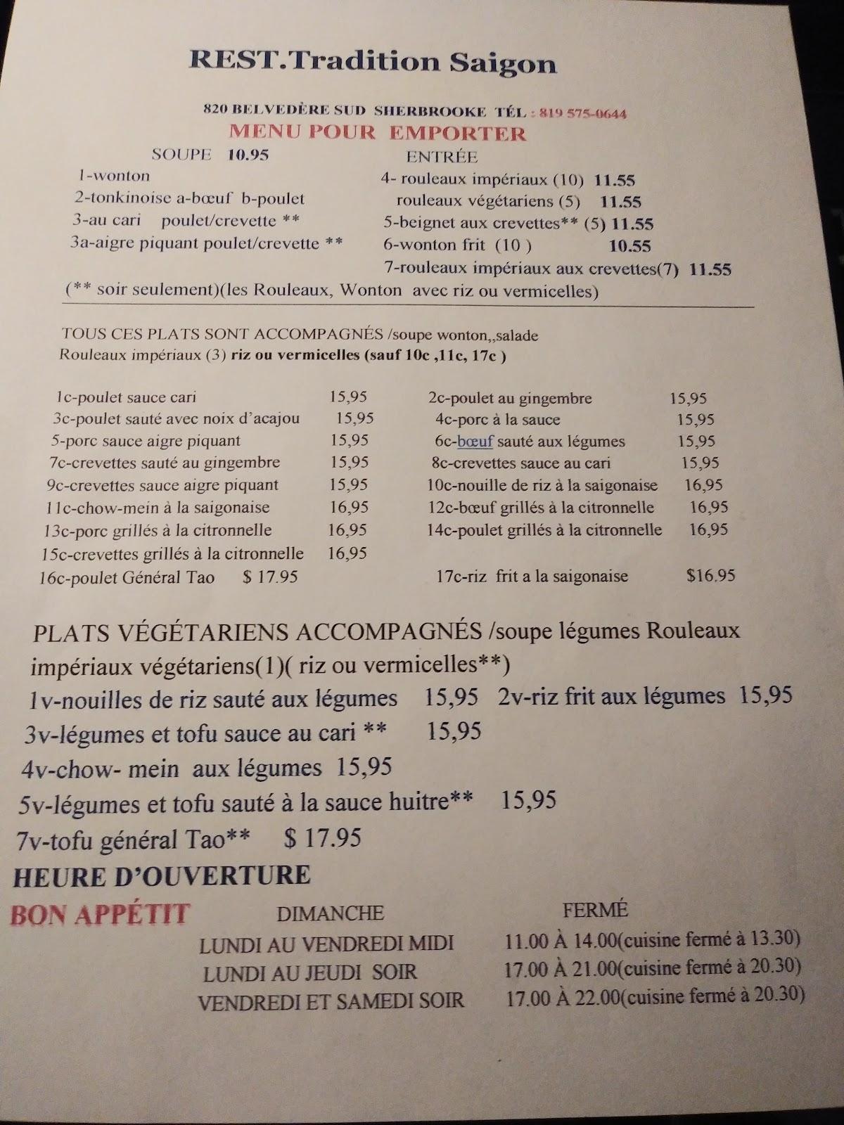Menu au Restaurant Tradition Saigon, Sherbrooke