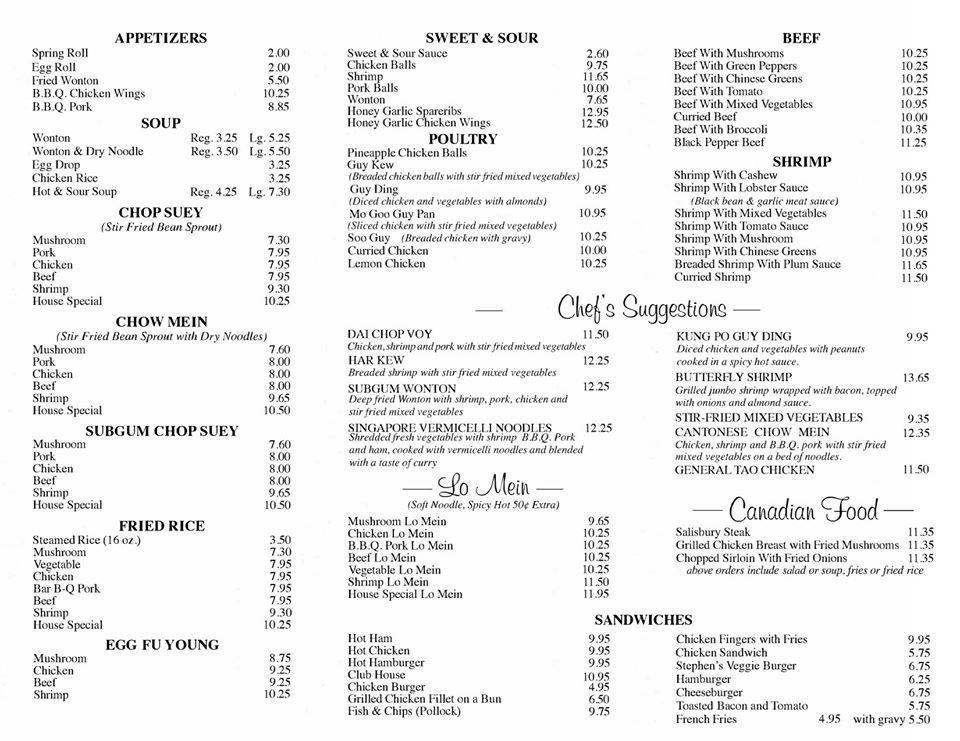 Menu at Stephen's Restaurant Two, Chatham-Kent