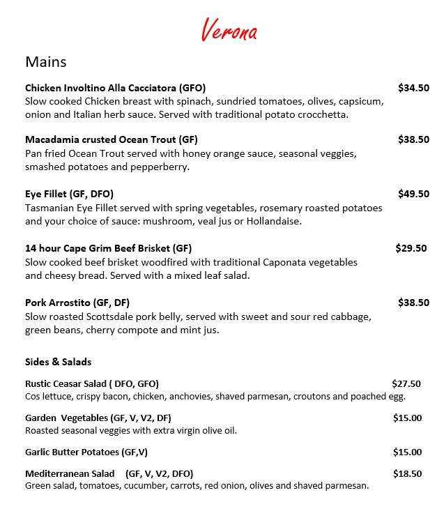 Menu at Verona Devonport restaurant, Devonport