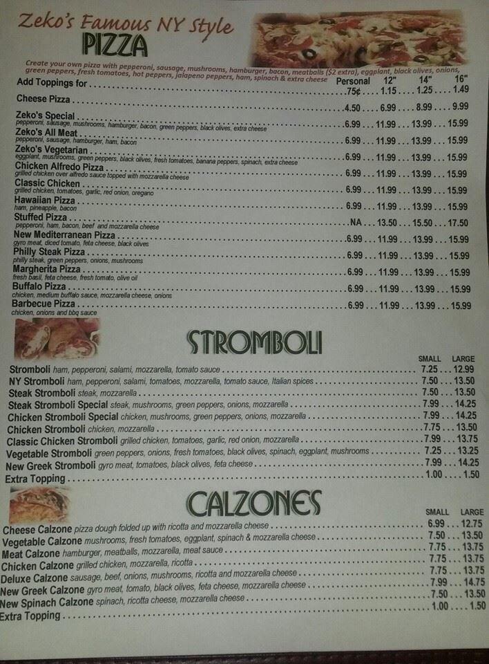 Menu at Zeko's Village restaurant, Morganton, Burkemont Ave C