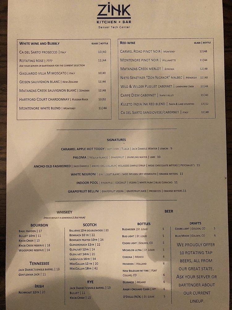 Menu at Zink Kitchen + Bar, Greenwood Village, E Orchard Rd