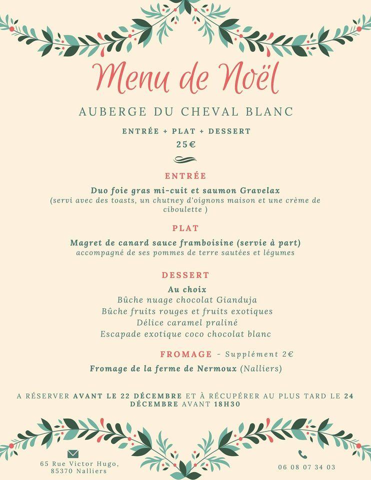 Menu at Auberge du Cheval Blanc restaurant, Nalliers