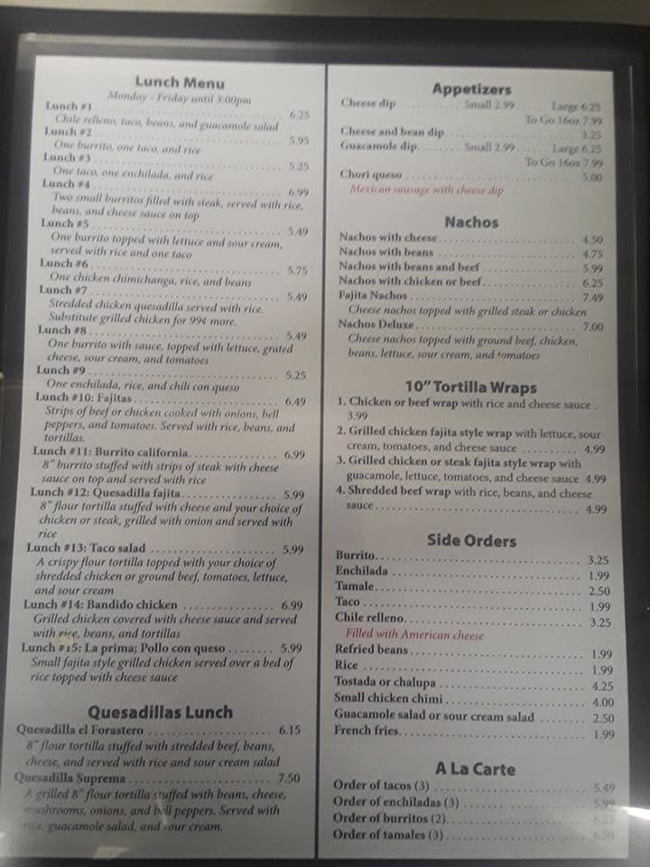 Menu at El Rincon Azteca Mexican Restaurant, Chanute