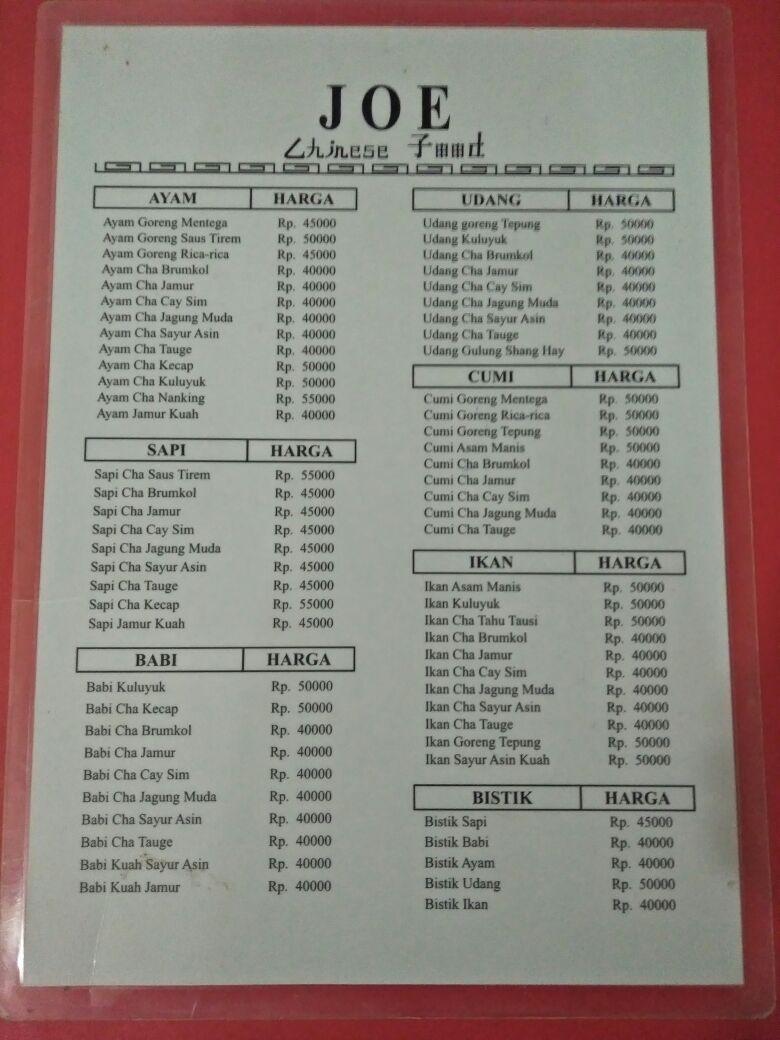 Menu at Joe Chinese Food restaurant, Bandung