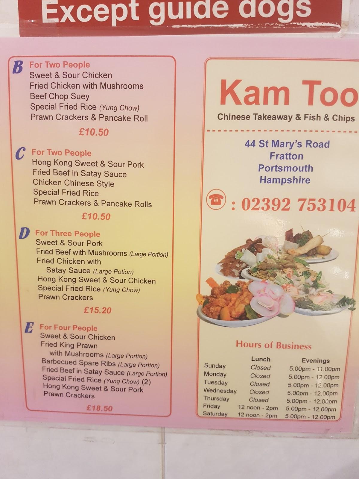 Menu at Kam Too fast food, Portsmouth