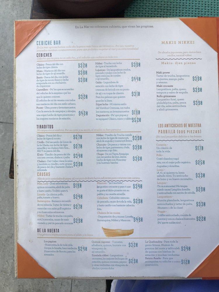 Menu at La Mar restaurant, Buenos Aires, Arévalo 2024