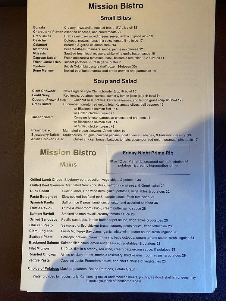 Menu at Mission Bistro steakhouse, Carmel-by-the-Sea