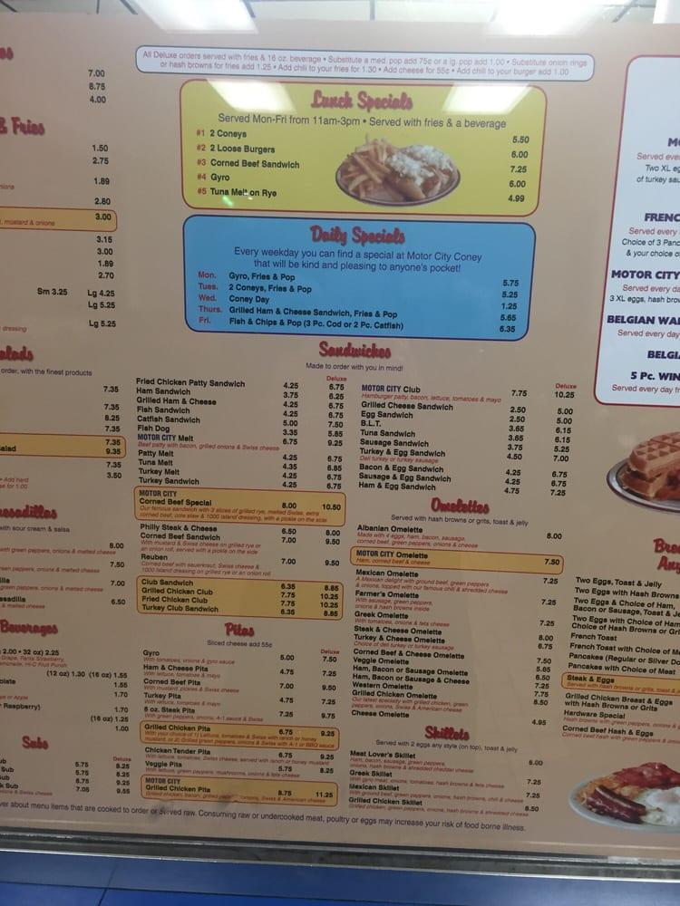 Menu at Motor City Coney Island Restaurant, Detroit