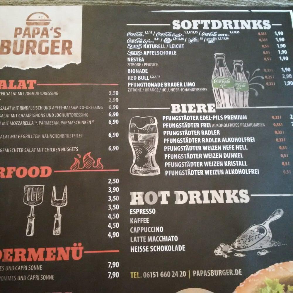 Menu at Papas Burger fast food, Darmstadt