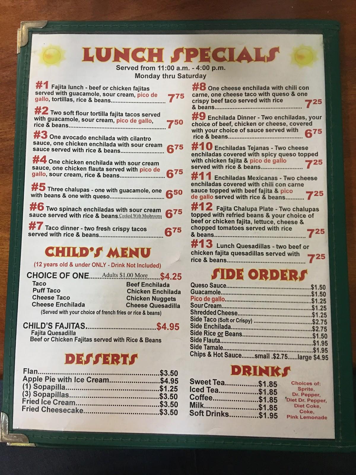 Menu at Tierra Del Sol Mexican Restaurant, Sulphur Springs
